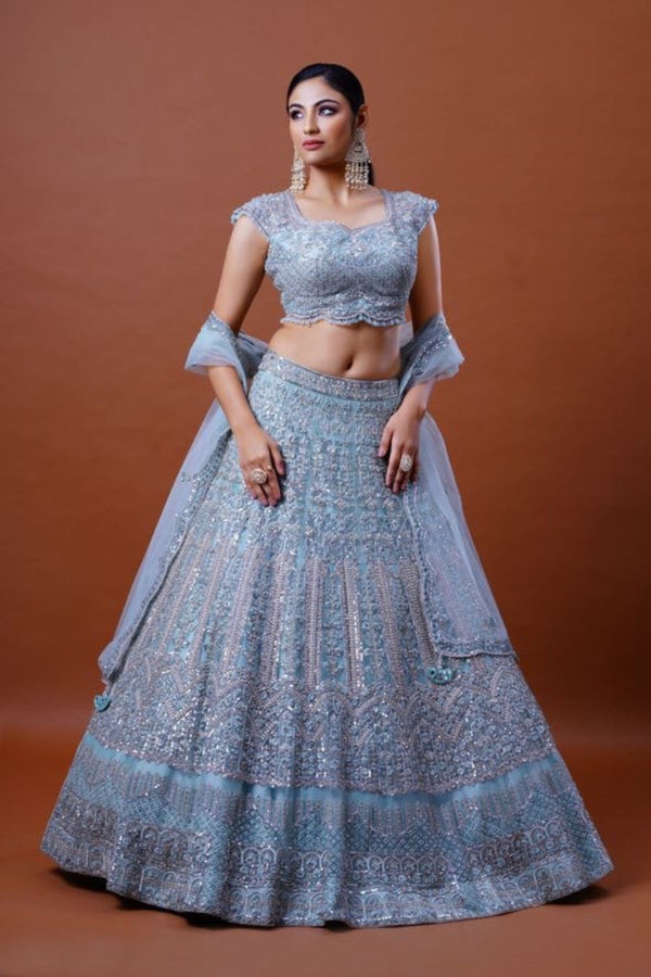 Light Blue Lehenga Pearl Thread Sequin Embroidered Net Lehenga - Diyas ...